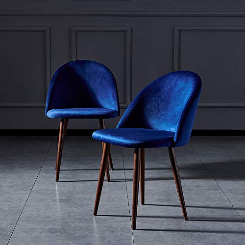 IDS Online Mid Century Dining Set of 2, Living Room, Vanity, Makeup, Leisure, Accent Soft Velvet Seat & Backrest, Upholstered Side Chairs with Metal Legs, Blue