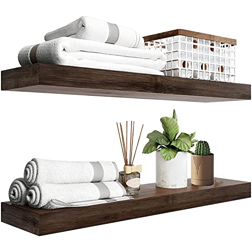 YIHATA Floating Shelf, Large 24 inch Wall Mounted Wooden Shelves Set of 2, Hanging Floating Shelf Bracket for Bedroom, Bathroom, Living Room, and Kitchen Storage Decoration