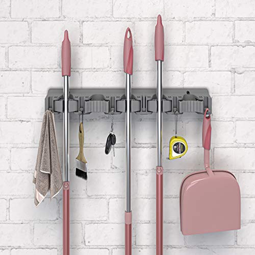 MABEL HOME Mop and Broom Holder, 5 Auto Adjust Slots, 6 Hooks, Easy Install Wall Mount, Tools Hanger for Kitchen, Garden, Garage, Laundry Room, Office, Holds up to 45 Lbs (Grey)