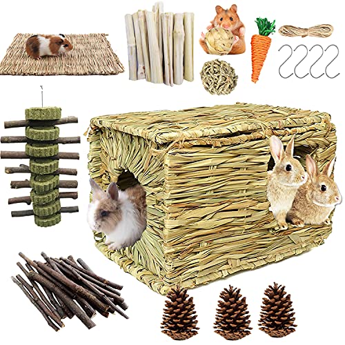 Calymmny Extra Large Rabbit Grass House and Hideout, 16 PCS Bunny Chew Toys- Handmade Woven Hay Bed Natural Edible Grass Hut for Rabbit Guinea Pig Chinchilla to Play Sleep Eat (Large)