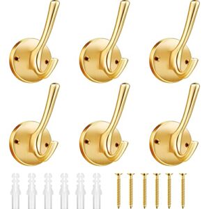 coat hooks bathroom towel hooks rustproof metal hooks heavy duty double robe hook clothing hat key hook toilet kitchen wall mounted hanger (gold,6 pieces)