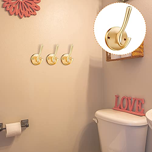 Coat Hooks Bathroom Towel Hooks Rustproof Metal Hooks Heavy Duty Double Robe Hook Clothing Hat Key Hook Toilet Kitchen Wall Mounted Hanger (Gold,6 Pieces)