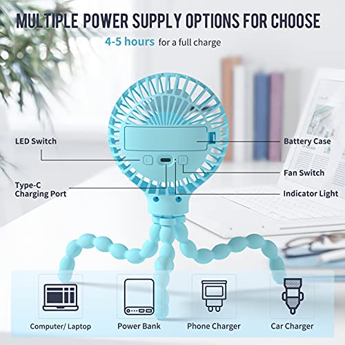 Stroller Fan Upgraded Handheld Personal Fan Battery Operated Mini Portable Fan with LED Light Aromatherapy, Flexible Tripod Clip On Fan with 3 Speeds Versatile Fan for Car Seat Crib Bike Desk (Blue)