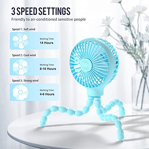 Stroller Fan Upgraded Handheld Personal Fan Battery Operated Mini Portable Fan with LED Light Aromatherapy, Flexible Tripod Clip On Fan with 3 Speeds Versatile Fan for Car Seat Crib Bike Desk (Blue)