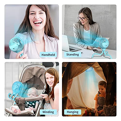 Stroller Fan Upgraded Handheld Personal Fan Battery Operated Mini Portable Fan with LED Light Aromatherapy, Flexible Tripod Clip On Fan with 3 Speeds Versatile Fan for Car Seat Crib Bike Desk (Blue)