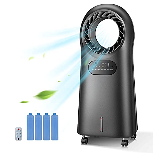 Evaporative Air Cooler, 3-IN-1 Portable Air Conditioner for Room Personal Bladeless Fan/AC Cooling & Humidification, 3 Wind Speeds, 3 Modes, 360° Oscillation, 1-8H Timer, Color night light,Tower Fan For Home Office (Black)