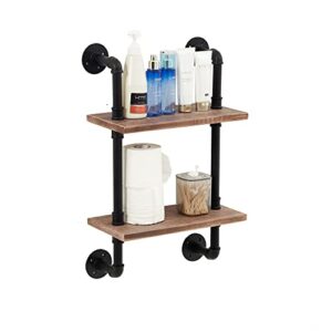 ROGMARS Industrial Pipe Floating Bathroom Shelves Rustic Wood Ladder Bookshelf Wall Mounted Rustic Wood Shelf for Living Room Decor and Storage 15 inch (2 Tier)