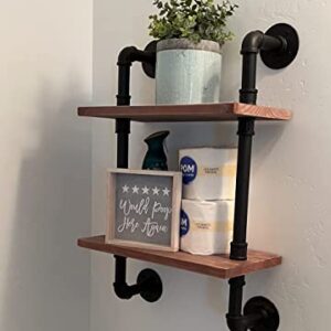 ROGMARS Industrial Pipe Floating Bathroom Shelves Rustic Wood Ladder Bookshelf Wall Mounted Rustic Wood Shelf for Living Room Decor and Storage 15 inch (2 Tier)