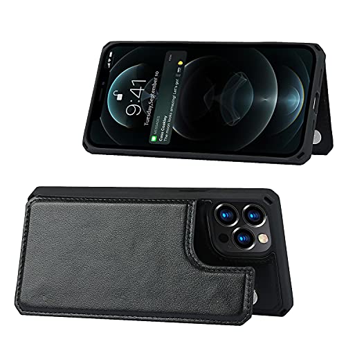 ShunJieTech for iPhone 12 Pro Case,for iPhone 12 Case,[ Credit Card Holder & Slot Wallet Case ] Back Shell Leather Cover Shockproof Protective Case with Strap(6.1")-Black