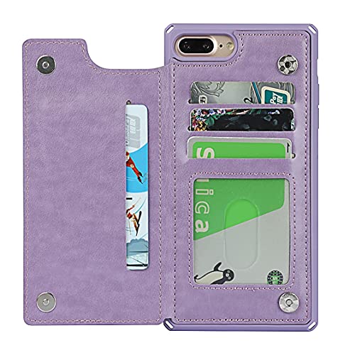 ShunJieTech for iPhone 7 Plus Case,for iPhone 8 Plus Case,[ Credit Card Holder & Slot Wallet Case ] Back Shell Leather Cover Shockproof Protective Case with Strap(5.5")-Purple