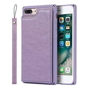 ShunJieTech for iPhone 7 Plus Case,for iPhone 8 Plus Case,[ Credit Card Holder & Slot Wallet Case ] Back Shell Leather Cover Shockproof Protective Case with Strap(5.5")-Purple