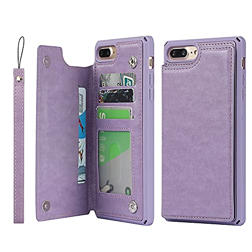 ShunJieTech for iPhone 7 Plus Case,for iPhone 8 Plus Case,[ Credit Card Holder & Slot Wallet Case ] Back Shell Leather Cover Shockproof Protective Case with Strap(5.5")-Purple