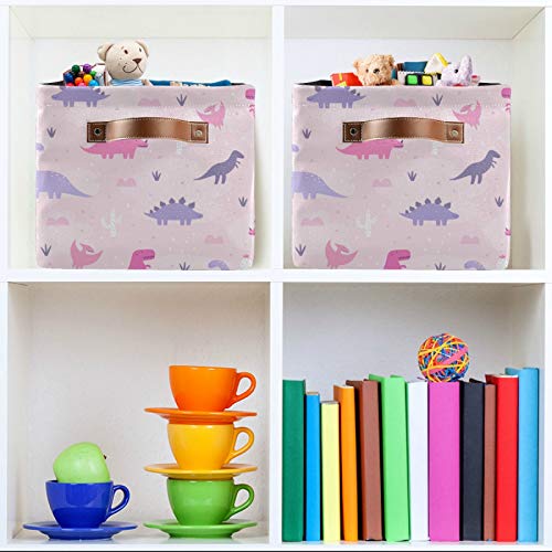 xigua Pink Cartoon Dinosaur Large Storage Basket, Foldable Storage Basket, Waterproof Coating Storage Box with Handle Toy Storage Bag, for Home School & Office, 1PCS