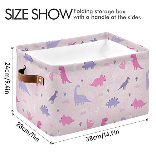 xigua Pink Cartoon Dinosaur Large Storage Basket, Foldable Storage Basket, Waterproof Coating Storage Box with Handle Toy Storage Bag, for Home School & Office, 1PCS