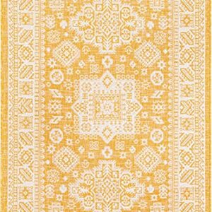 Rugs.com Outdoor Aztec Collection Rug – 4' x 6' Yellow Flatweave Rug Perfect for Living Rooms, Large Dining Rooms, Open Floorplans