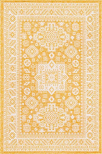 Rugs.com Outdoor Aztec Collection Rug – 4' x 6' Yellow Flatweave Rug Perfect for Living Rooms, Large Dining Rooms, Open Floorplans