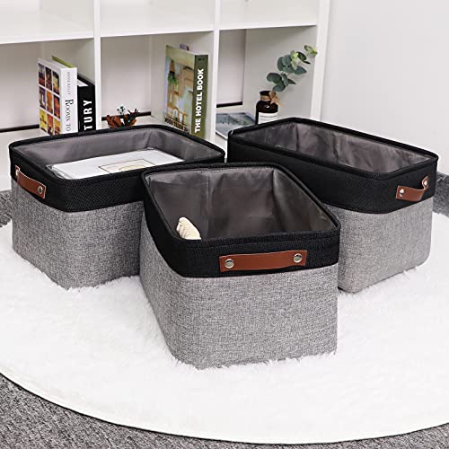 HNZIGE Storage Basket Bins(3 Pack) Large Collapsible Storage Baskets for Organizing Shelf Closet Bedroom, Perfect Storage Bin with Handles for Closet, Clothes, Toy?Black & Gray, 15" x 11" x 9.5")