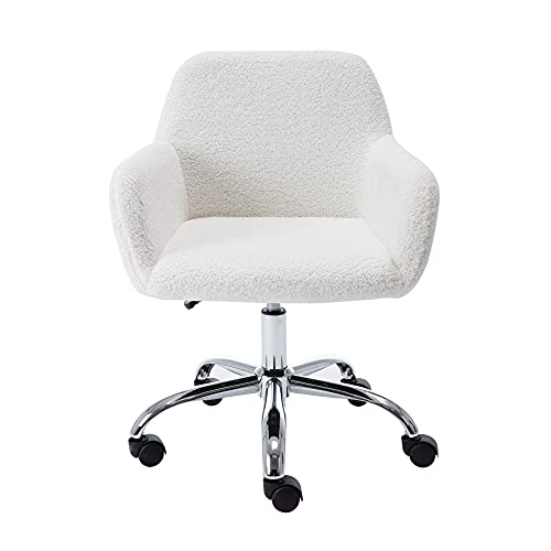 Goujxcy Faux Fur Vanity Chair, Elegant White Fluffy Vanity Chair for Girls Women, Modern Furry Upholstered Home Office Desk Chair Armchair for Living Room, Office, Bedroom, Dressing Room