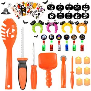 pumpkin carving kit for kids - 6 halloween pumpkin carving tools set, 6 led candles, 4 balloon headbands, 6 led rings, 6 pumpkin stickers, 10 pumpkin carving stencils for halloween decorations