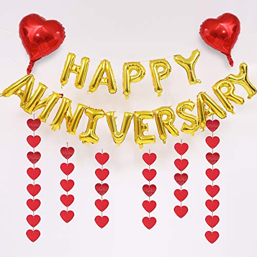 Happy Anniversary Balloons, 16 Inch Happy Anniversary Decoration Balloons with Red Foil Balloon Heart Hanging For All Ages Wedding Anniversary Decorations