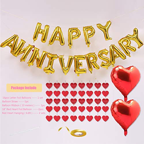 Happy Anniversary Balloons, 16 Inch Happy Anniversary Decoration Balloons with Red Foil Balloon Heart Hanging For All Ages Wedding Anniversary Decorations