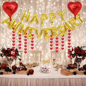 Happy Anniversary Balloons, 16 Inch Happy Anniversary Decoration Balloons with Red Foil Balloon Heart Hanging For All Ages Wedding Anniversary Decorations