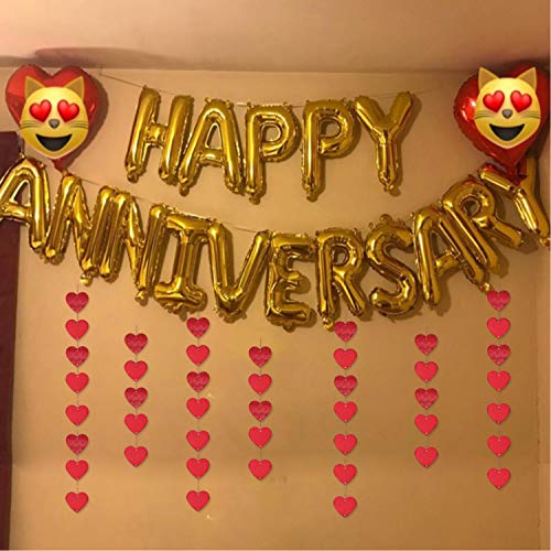 Happy Anniversary Balloons, 16 Inch Happy Anniversary Decoration Balloons with Red Foil Balloon Heart Hanging For All Ages Wedding Anniversary Decorations