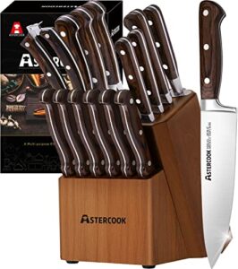 knife set, 15 pcs kitchen knife set with block, astercook german stainless steel with scissors, knife sharpener and 6 serrated steak knives