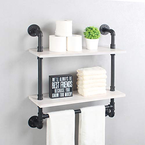 Industrial Pipe Bathroom Shelves 2-Tier Wall Mounted,24" Rustic Wall Shelf with Bath Towel Bars,Farmhouse Towel Rack,Metal & Wooden Floating Shelves,Over The Toilet Storage Shelf,White & Black