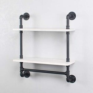 Industrial Pipe Bathroom Shelves 2-Tier Wall Mounted,24" Rustic Wall Shelf with Bath Towel Bars,Farmhouse Towel Rack,Metal & Wooden Floating Shelves,Over The Toilet Storage Shelf,White & Black