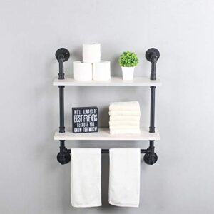 Industrial Pipe Bathroom Shelves 2-Tier Wall Mounted,24" Rustic Wall Shelf with Bath Towel Bars,Farmhouse Towel Rack,Metal & Wooden Floating Shelves,Over The Toilet Storage Shelf,White & Black