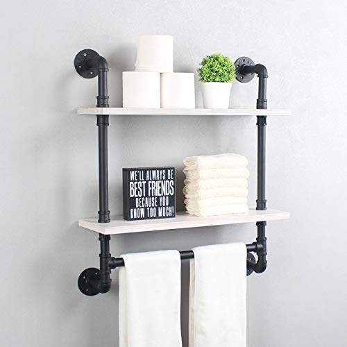 Industrial Pipe Bathroom Shelves 2-Tier Wall Mounted,24" Rustic Wall Shelf with Bath Towel Bars,Farmhouse Towel Rack,Metal & Wooden Floating Shelves,Over The Toilet Storage Shelf,White & Black