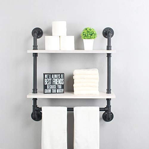 Industrial Pipe Bathroom Shelves 2-Tier Wall Mounted,24" Rustic Wall Shelf with Bath Towel Bars,Farmhouse Towel Rack,Metal & Wooden Floating Shelves,Over The Toilet Storage Shelf,White & Black