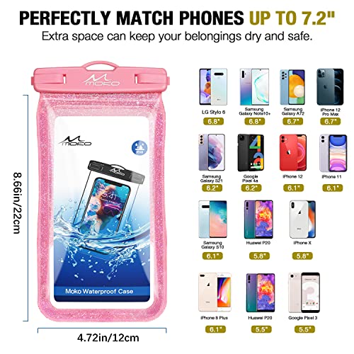 MoKo Waterproof Phone Pouch Holder Floating 2-Pack, IPX8 Glitter Waterproof Case Dry Bag Compatible for iPhone14 13 12 11 Pro Max X/Xr/Xs/8/7/6/SE 3, Galaxy S20/S21, Light Blue & Pink