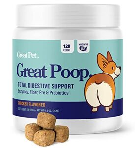 great poop probiotics for dogs - a fiber for dogs supplement with dog probiotics and digestive enzymes for a healthy gut, firm stool & diarrhea relief - chicken flavored pet soft chews with prebiotics