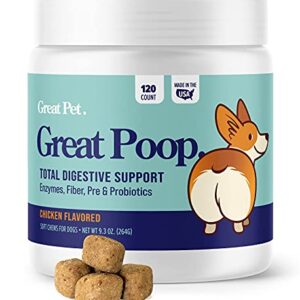 Great Poop Probiotics for Dogs - A Fiber for Dogs Supplement with Dog Probiotics and Digestive Enzymes for a Healthy Gut, Firm Stool & Diarrhea Relief - Chicken Flavored Pet Soft Chews with Prebiotics