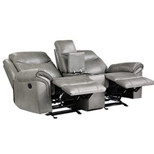 Lexicon Braelyn Faux Leather Double Glider Reclining Loveseat with Center Console, Receptacles, and USB Ports, 80" W, Gray