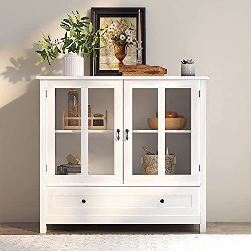 RASOO Modern Buffet Cabinet White Double Glass Doors with Unique Bell Handles and Big Drawers Sideboard Cabinet Kitchen Cupboard Dining Room Hallway Entryway, 41.4" L x 15.5" W x 35.4" H (Large)