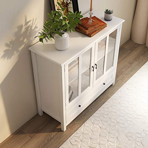 RASOO Modern Buffet Cabinet White Double Glass Doors with Unique Bell Handles and Big Drawers Sideboard Cabinet Kitchen Cupboard Dining Room Hallway Entryway, 41.4" L x 15.5" W x 35.4" H (Large)