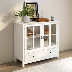 RASOO Modern Buffet Cabinet White Double Glass Doors with Unique Bell Handles and Big Drawers Sideboard Cabinet Kitchen Cupboard Dining Room Hallway Entryway, 41.4" L x 15.5" W x 35.4" H (Large)