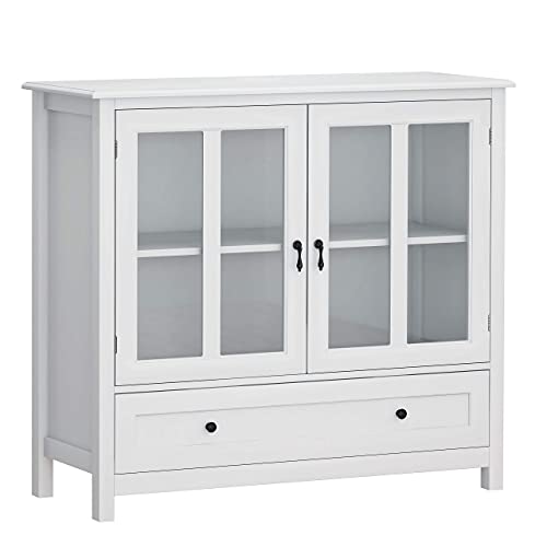 RASOO Modern Buffet Cabinet White Double Glass Doors with Unique Bell Handles and Big Drawers Sideboard Cabinet Kitchen Cupboard Dining Room Hallway Entryway, 41.4" L x 15.5" W x 35.4" H (Large)