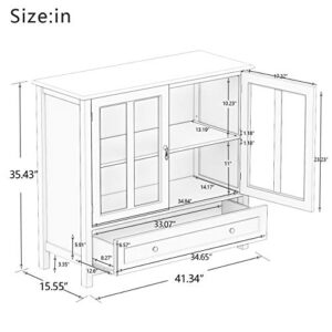 RASOO Modern Buffet Cabinet White Double Glass Doors with Unique Bell Handles and Big Drawers Sideboard Cabinet Kitchen Cupboard Dining Room Hallway Entryway, 41.4" L x 15.5" W x 35.4" H (Large)