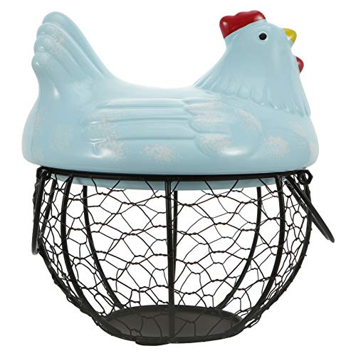 DOITOOL Metal Mesh Egg Basket Ceramic Egg Storage Basket with Farm Chicken Top for Home Kitchen Egg Holder Food Storage Container (Blue)