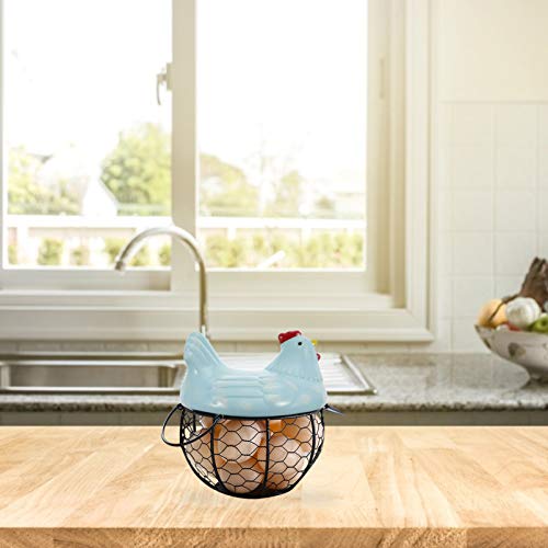 DOITOOL Metal Mesh Egg Basket Ceramic Egg Storage Basket with Farm Chicken Top for Home Kitchen Egg Holder Food Storage Container (Blue)