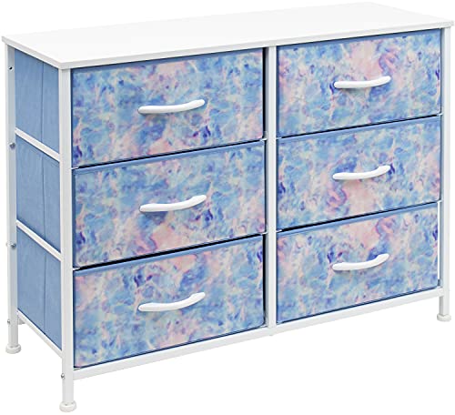 Sorbus Dresser with 6 Drawers - Furniture Storage Chest for Bedroom Tower Unit Furniture, Hallway, Closet, Office Organization - Steel Frame, Wood Top, Tie-dye Fabric Bins (6-Drawer, Pink/Blue)