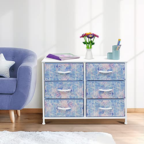 Sorbus Dresser with 6 Drawers - Furniture Storage Chest for Bedroom Tower Unit Furniture, Hallway, Closet, Office Organization - Steel Frame, Wood Top, Tie-dye Fabric Bins (6-Drawer, Pink/Blue)