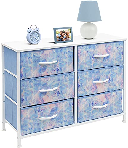 Sorbus Dresser with 6 Drawers - Furniture Storage Chest for Bedroom Tower Unit Furniture, Hallway, Closet, Office Organization - Steel Frame, Wood Top, Tie-dye Fabric Bins (6-Drawer, Pink/Blue)