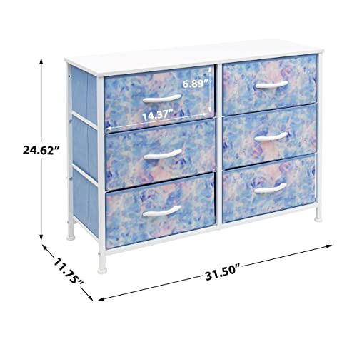 Sorbus Dresser with 6 Drawers - Furniture Storage Chest for Bedroom Tower Unit Furniture, Hallway, Closet, Office Organization - Steel Frame, Wood Top, Tie-dye Fabric Bins (6-Drawer, Pink/Blue)