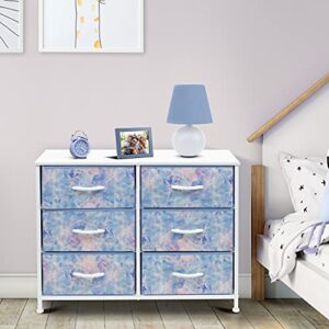 Sorbus Dresser with 6 Drawers - Furniture Storage Chest for Bedroom Tower Unit Furniture, Hallway, Closet, Office Organization - Steel Frame, Wood Top, Tie-dye Fabric Bins (6-Drawer, Pink/Blue)