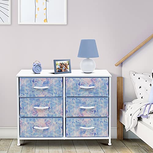 Sorbus Dresser with 6 Drawers - Furniture Storage Chest for Bedroom Tower Unit Furniture, Hallway, Closet, Office Organization - Steel Frame, Wood Top, Tie-dye Fabric Bins (6-Drawer, Pink/Blue)